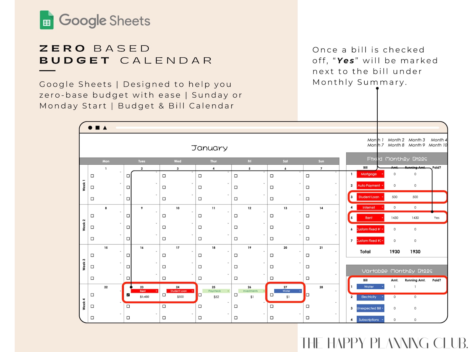 Zero Based Budget and Bill Calendar | Google Sheets | Warm Theme ...