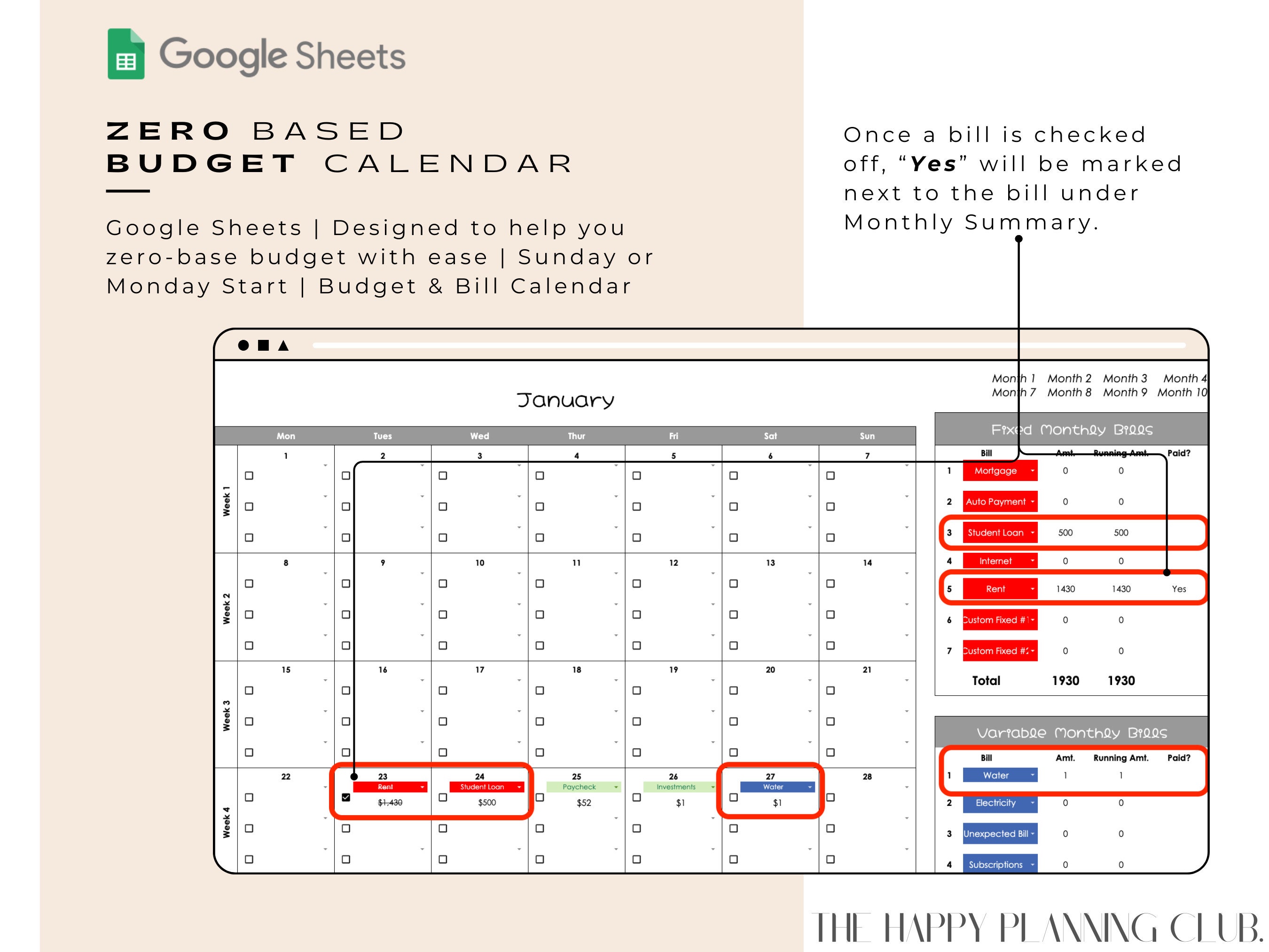 Zero Based Budget and Bill Calendar Google Sheets Warm Theme Assign ...