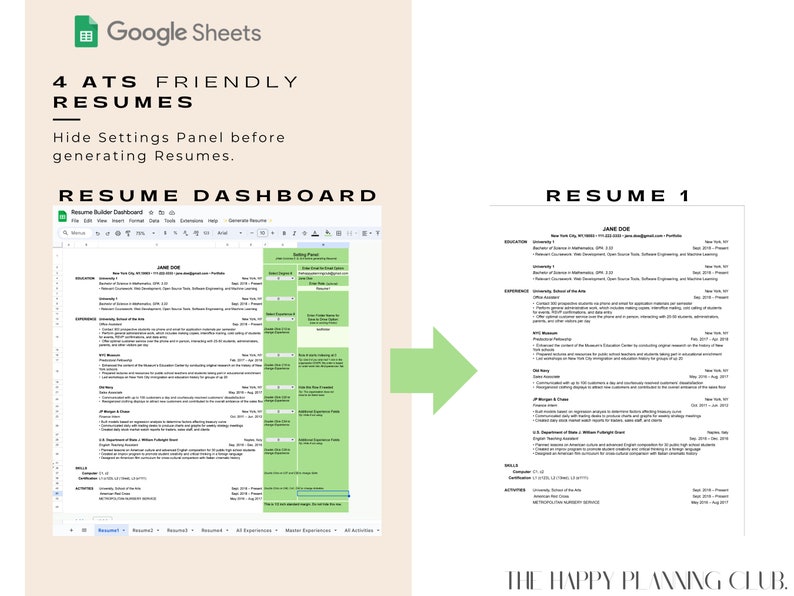 ATS Resume Builder Dashboard | Google Sheets | 4 Professional Resume ...