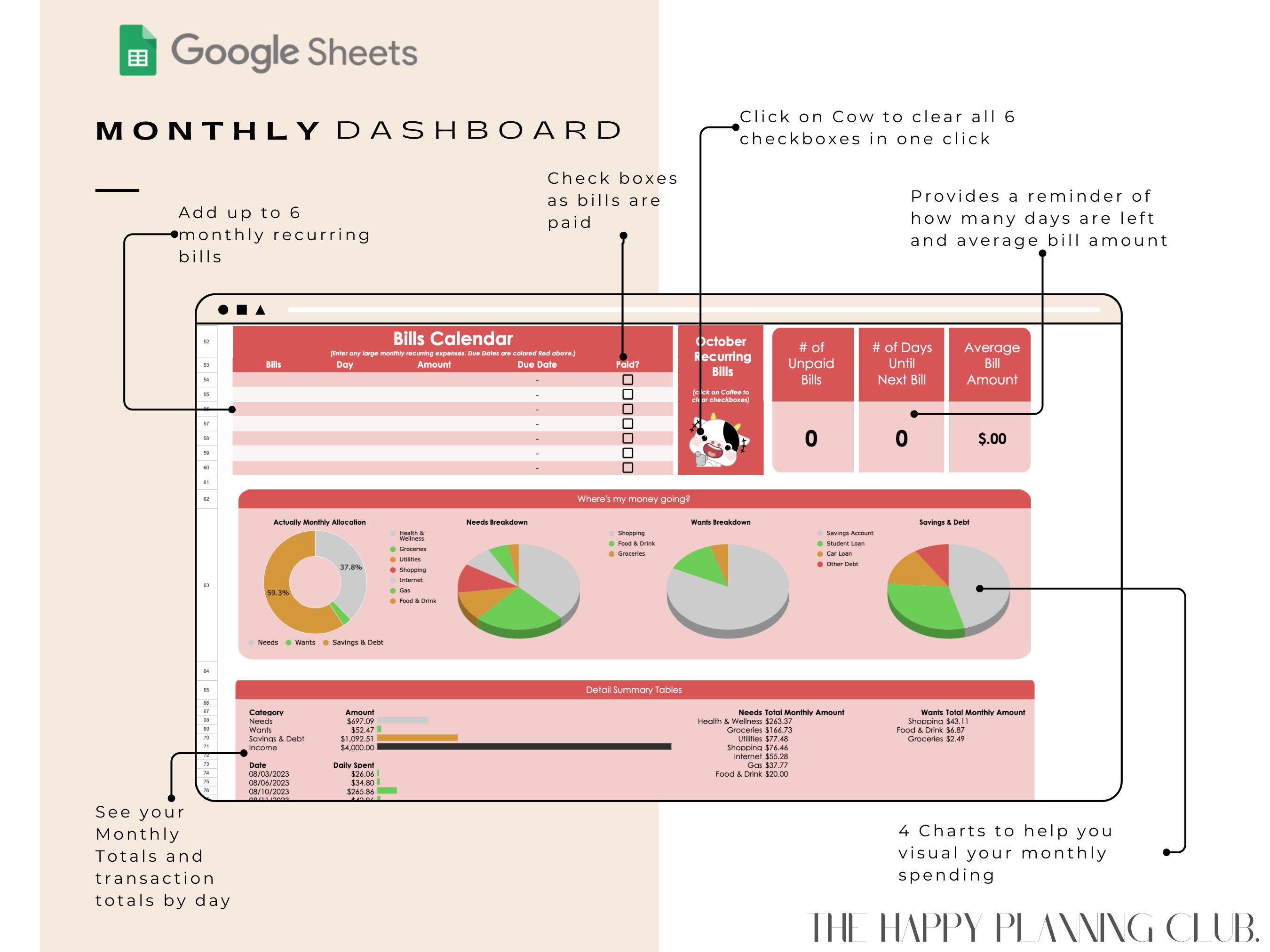 Monthly and Annual Budget Dashboard | Google Sheets | 9 Color Modes ...