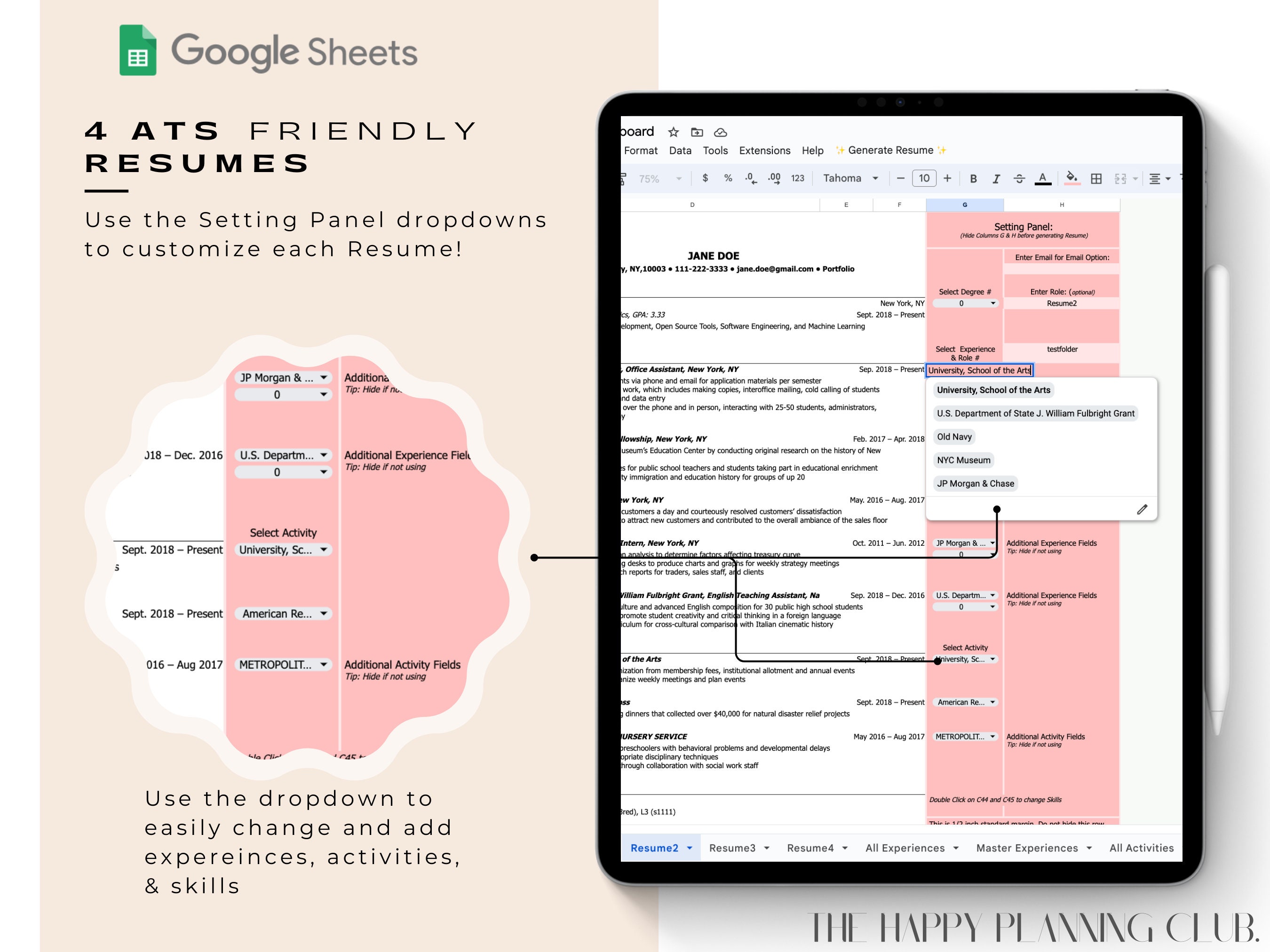 ATS Resume Builder Dashboard | Google Sheets | 4 Professional Resume ...