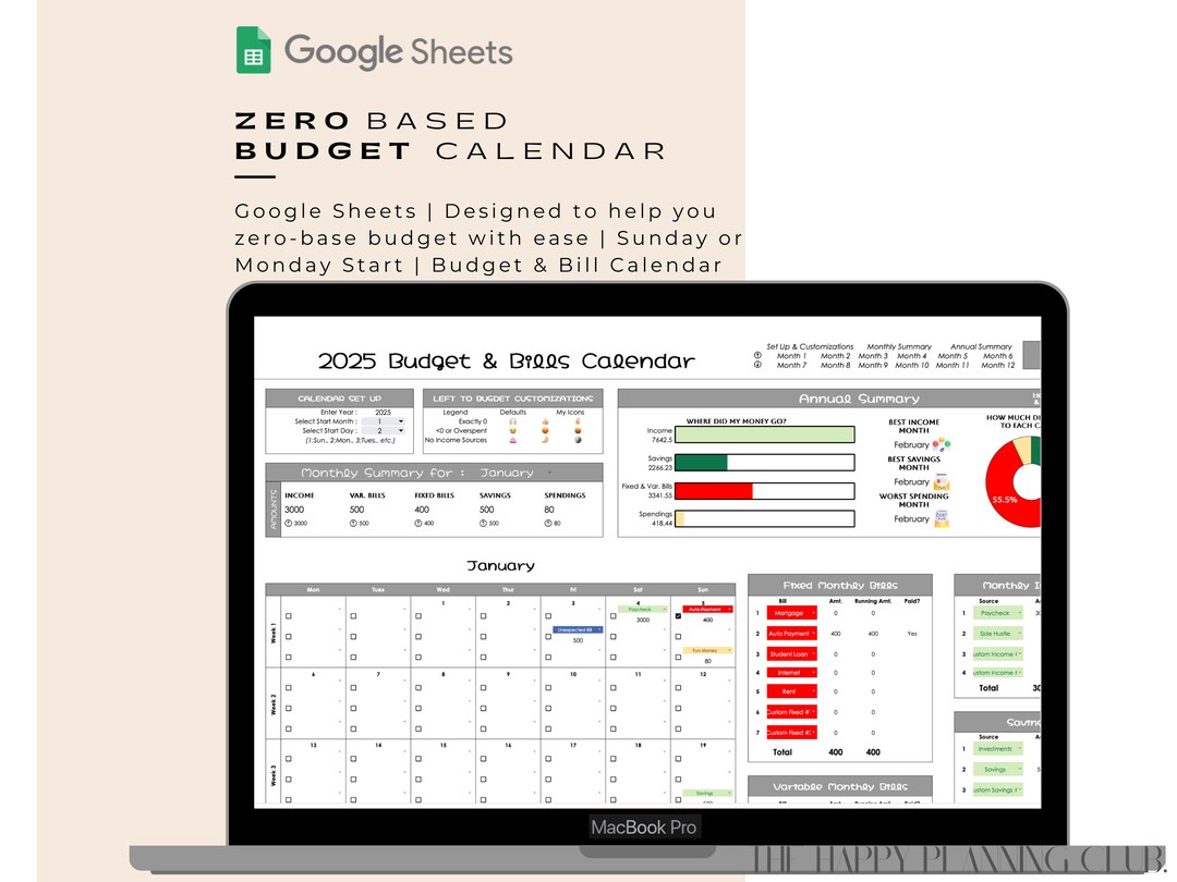 Zero Based Budget and Bill Calendar | Google Sheets | Minimalist Theme ...