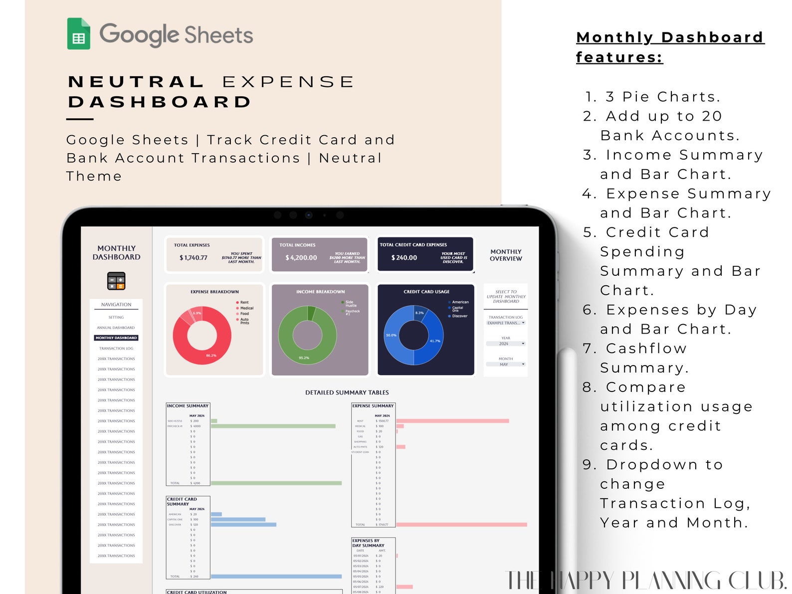 Neutral Expense Dashboard | Google Sheets | Monitor Credit Card and ...