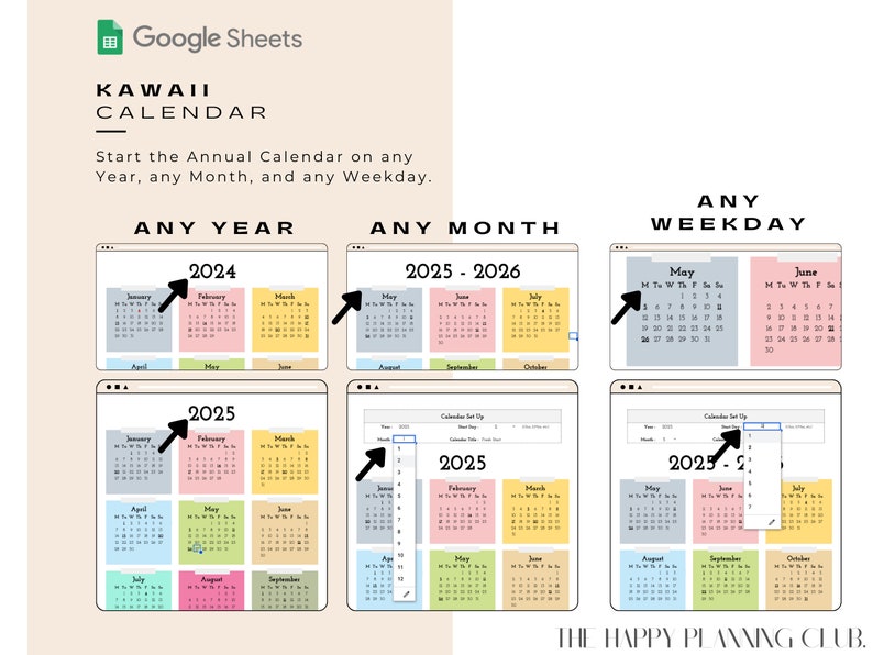 Kawaii Calendar | Google Sheets | 12 Styles | 2024 and Beyond - Etsy