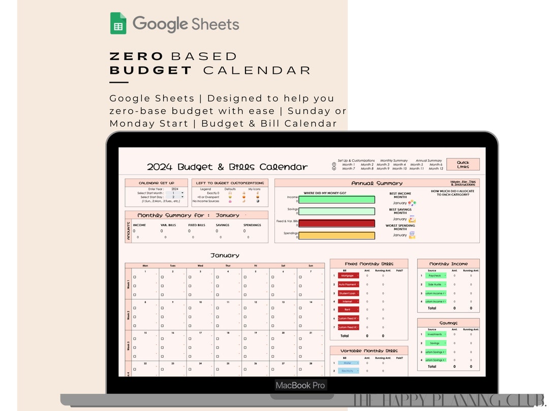 Zero Based Budget and Bill Calendar | Google Sheets | Warm Theme ...