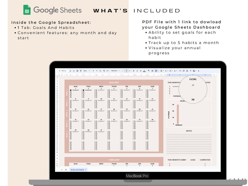 Habits and Goals Scrolling Tracker Google Sheets Neutral Pink Build ...