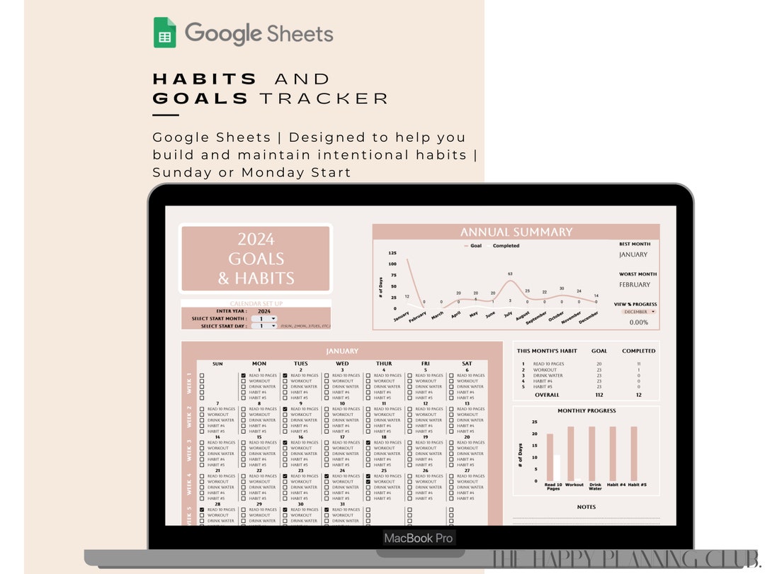 Habits and Goals Scrolling Tracker | Google Sheets | Neutral Pink ...