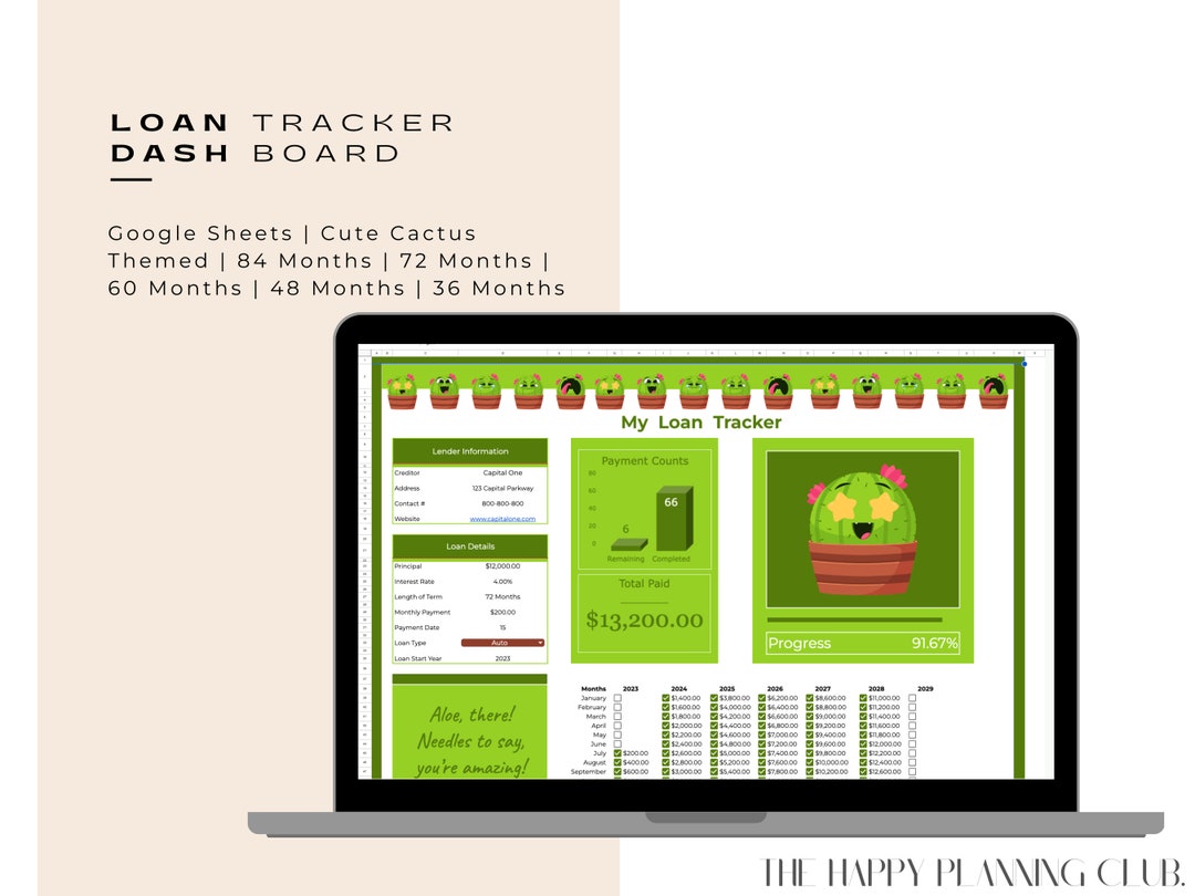 Cactus Loan Tracker Dashboard | Google Sheets - Etsy