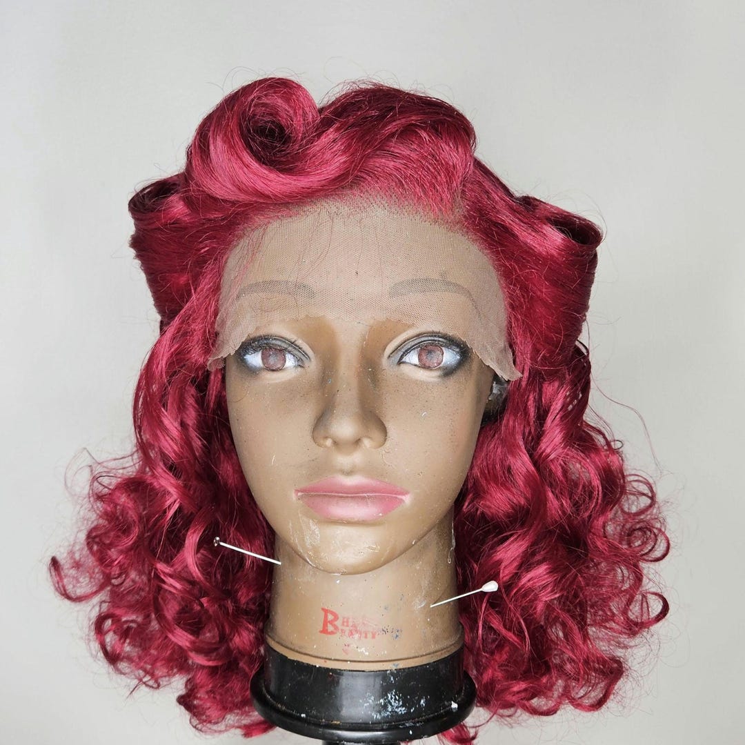 Vintage 40s Inspired Victory Rolls Styled Wig in Rose Red Front Lace - Etsy
