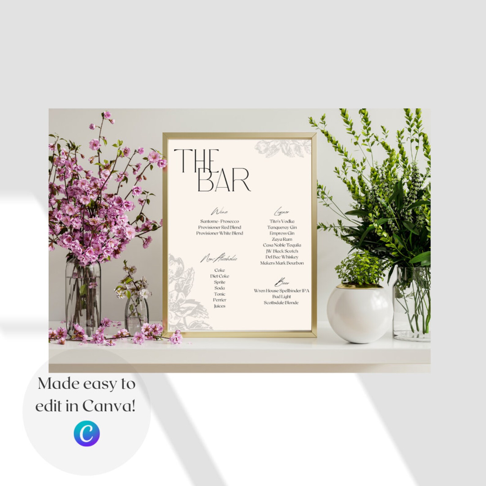Modern Chic Floral Wedding Bar Sign Design Editable Download - Etsy