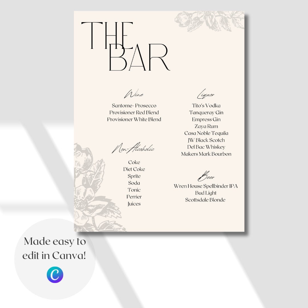 Modern Chic Floral Wedding Bar Sign Design Editable Download - Etsy