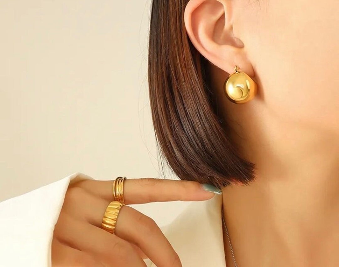 Gold Dome Hoop Earrings; Thick Hoop Earrings; Gold Ball Hoop Earrings ...