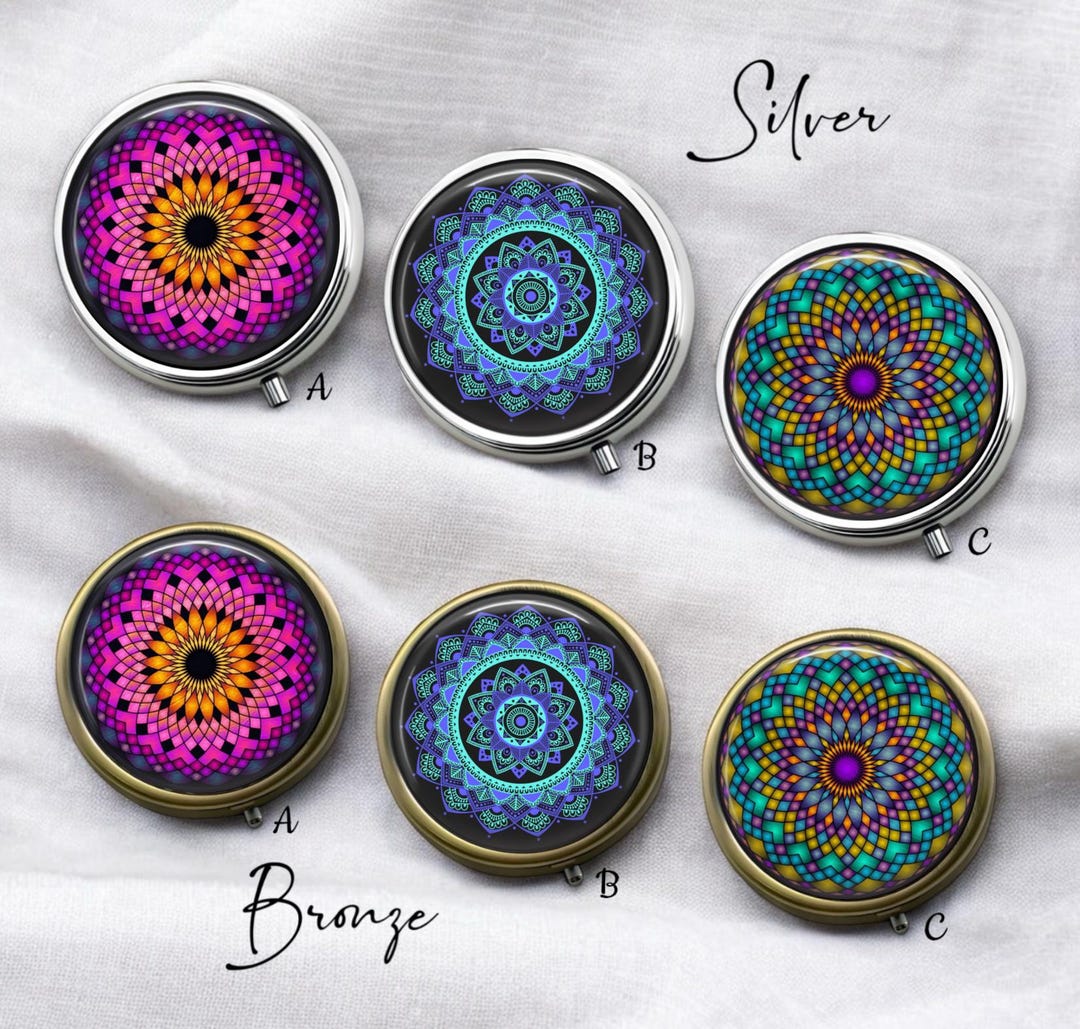 Mandala Handmade Compact Round Pill Box * Silver or Bronze- Pill ...