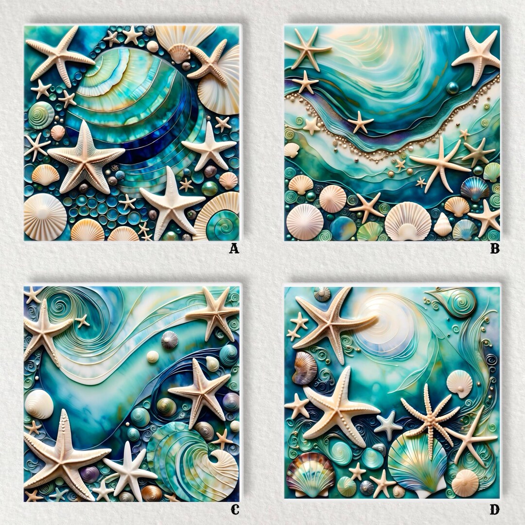Seashells Ceramic Decorative Tile 6x6” * Glossy * Trivets * Tile Wall ...