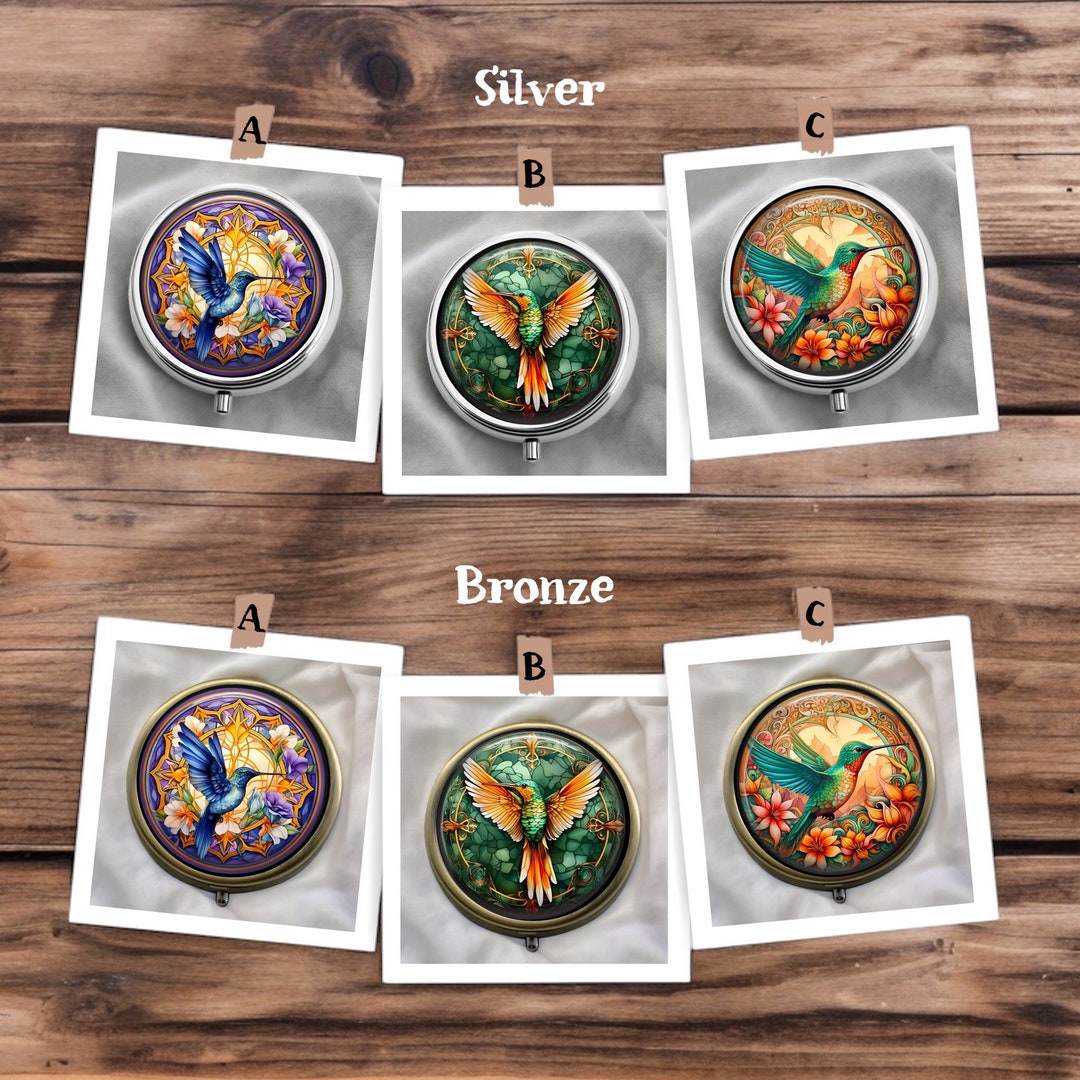 Hummingbird Handmade Compact Round Pill Box Silver or Bronze - Etsy