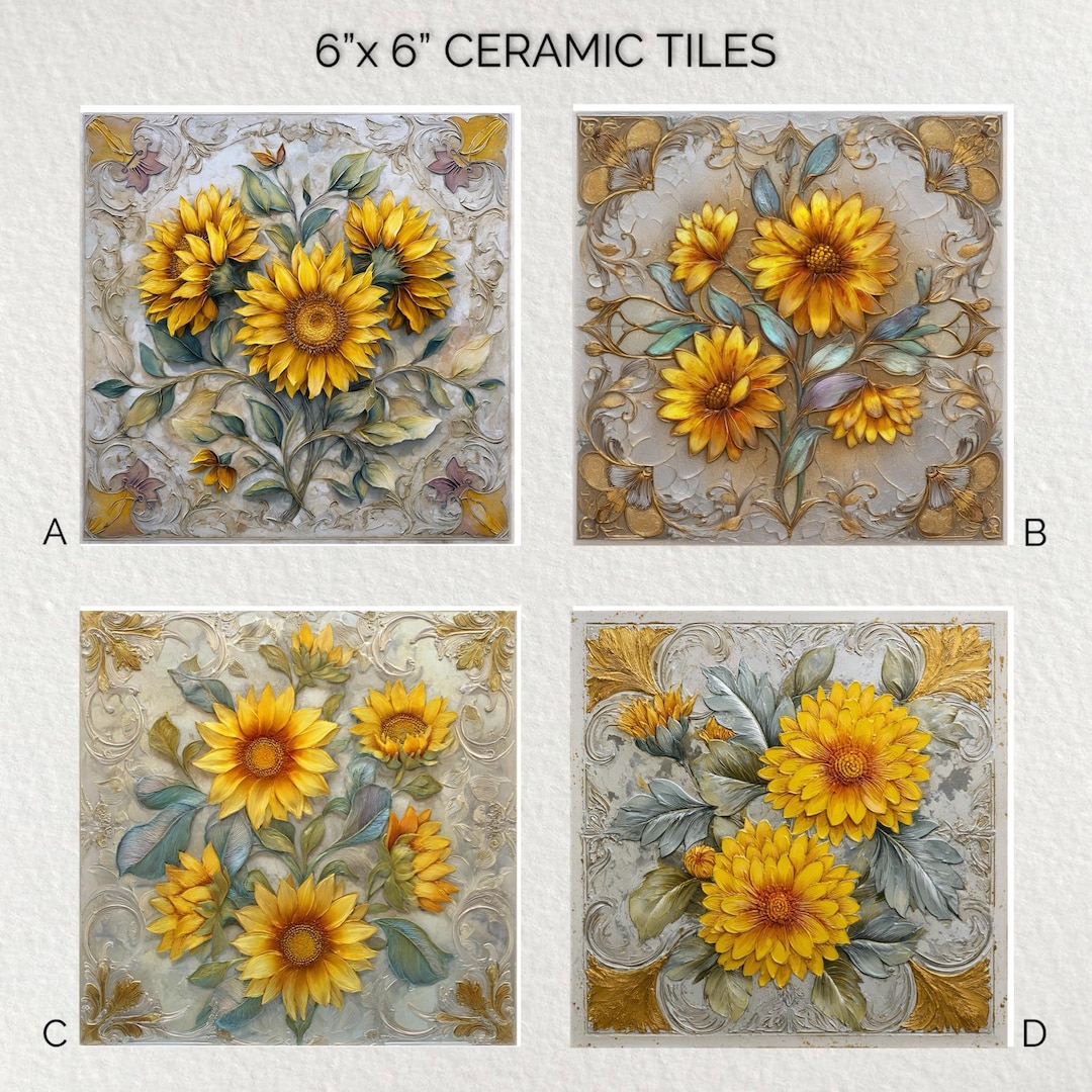 Handmade Art Nouveau Sunflower Ceramic Tile: Glossy Decorative Trivet ...