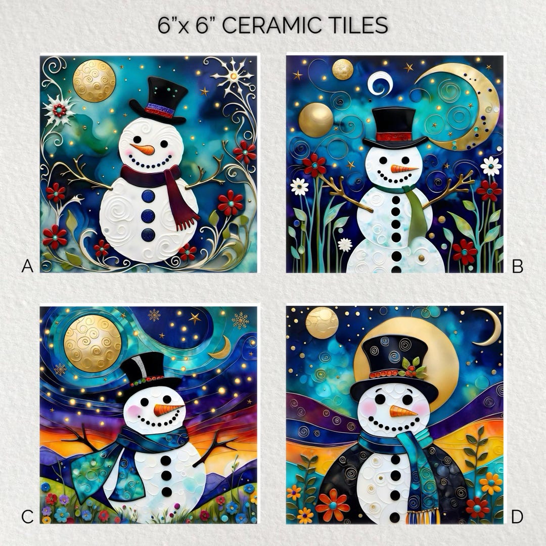 Christmas Snowmen Ceramic Tile: Glossy Holiday Wall Art 6x6" - Etsy