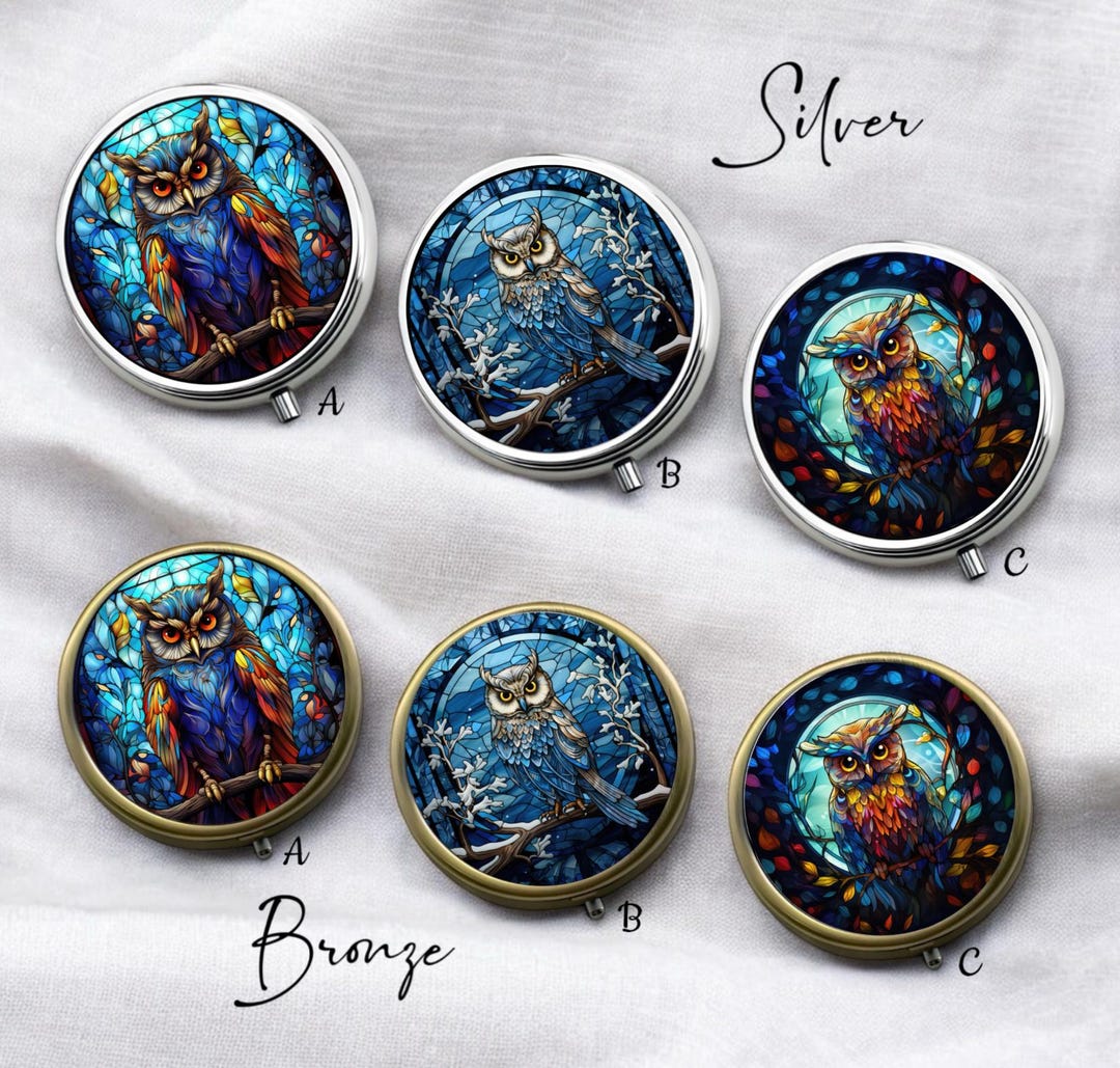 Owl Pill Box: Handmade Compact Medicine Vitamin Holder - Silver or ...