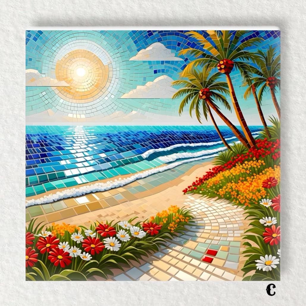 Beach Mosaic Ceramic Tile 6x6”: Glossy Coastal Wall Art - Etsy