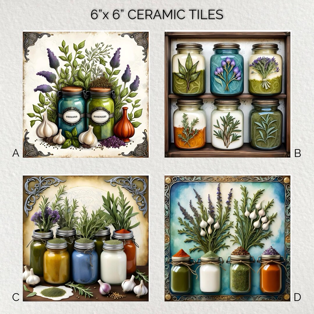 Handmade Ceramic Tile: Glossy Kitchen Herbs Art, 6x6 - Etsy