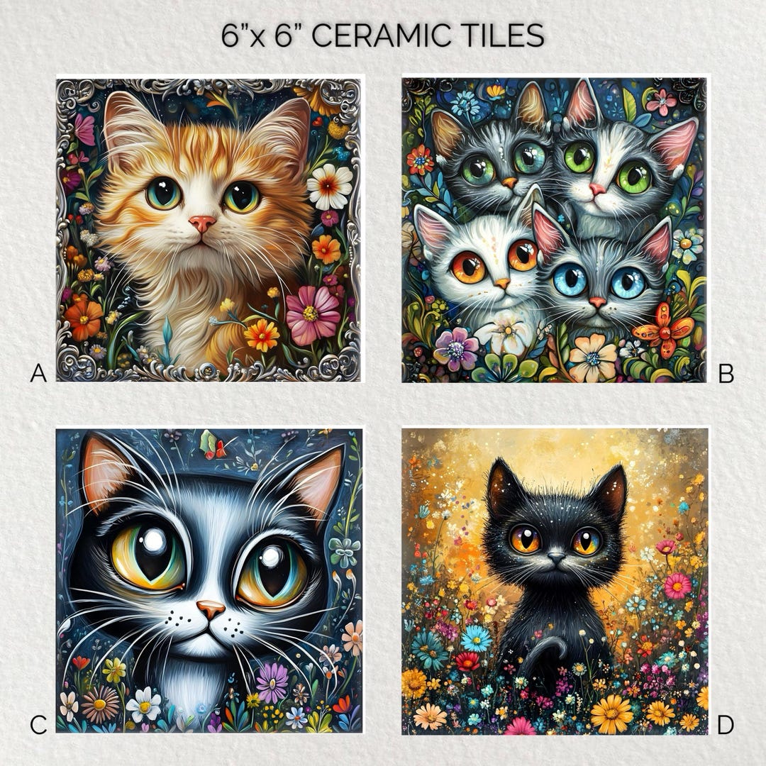 Cats Ceramic Tile Art: 6x6" Glossy Trivet, Wall Decor - Etsy