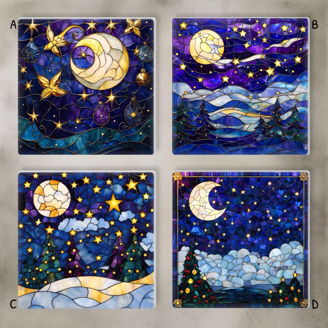 Christmas Starry Night Stained Glass Ceramic Decorative Tile 6x6 ...