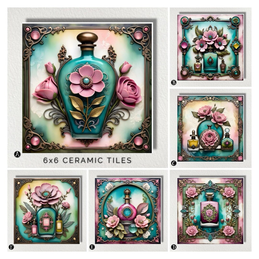 Pink Rose Perfume Bottles Ceramic Decorative Tile 6x6” * Glossy ...