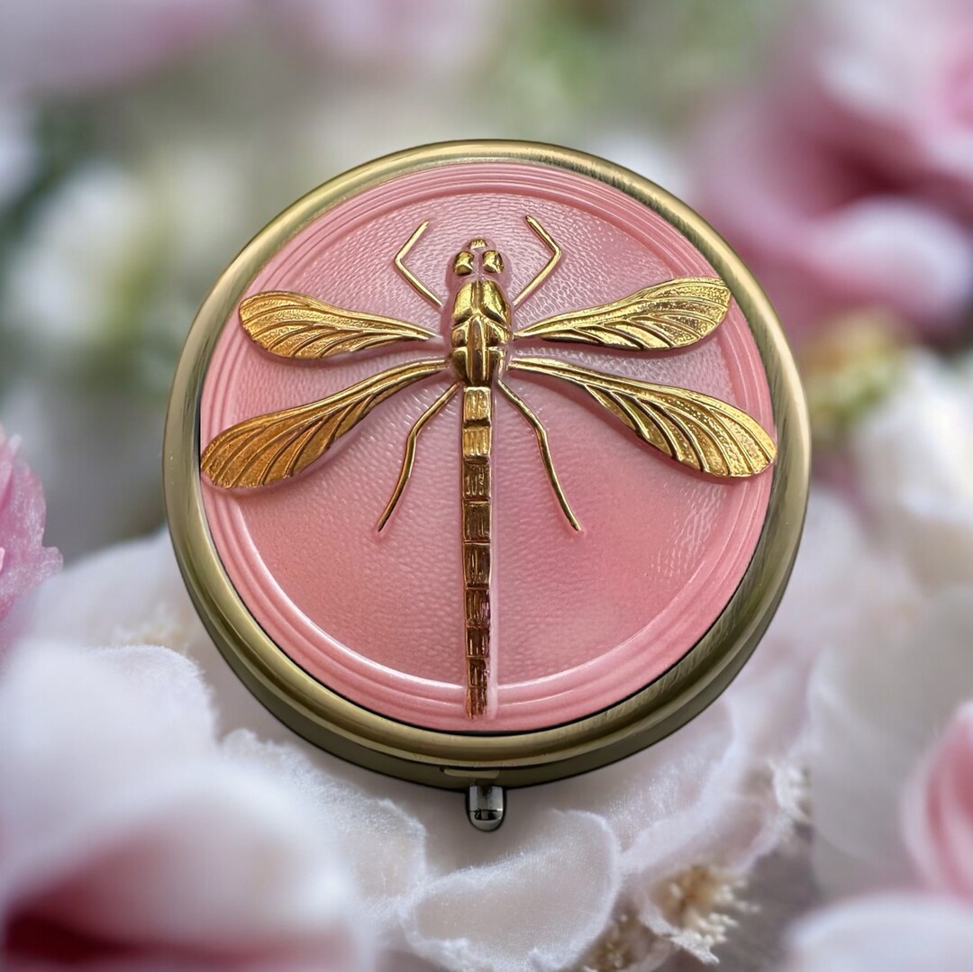 Pink Gold Dragonfly Czech Glass Button Bronze Pill Box Pill Organizer ...