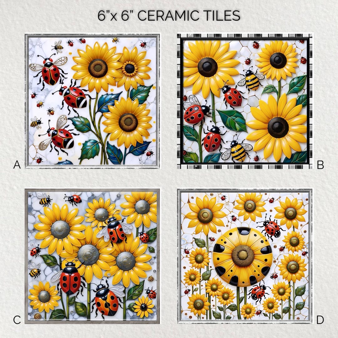 Lady Bug Sunflowers Ceramic Tile: Glossy Decorative Trivet (6x6) - Etsy