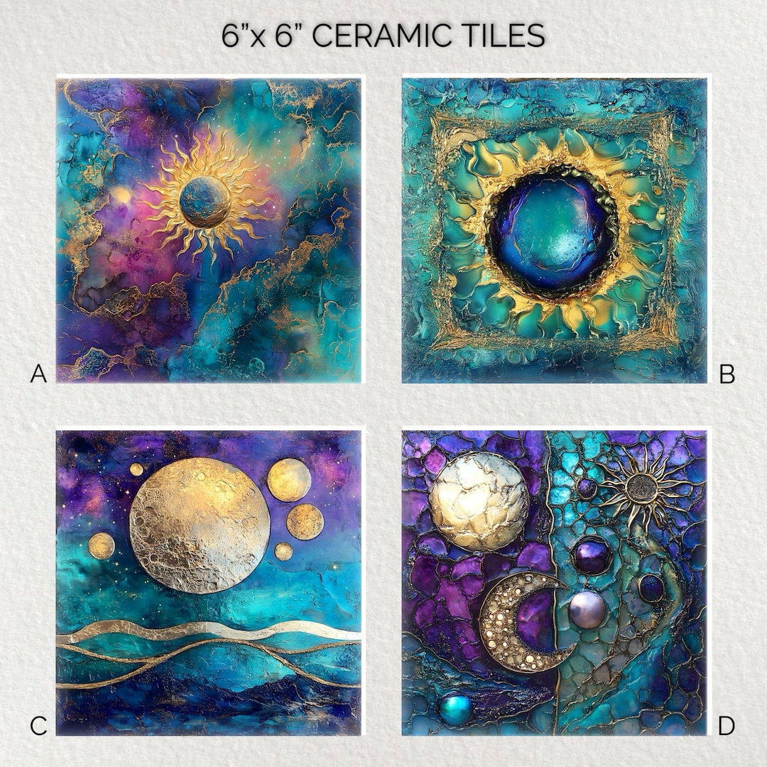 Sun Moon Ceramic Decorative Tile 6x6” * Glossy * Trivets * Tile Wall ...