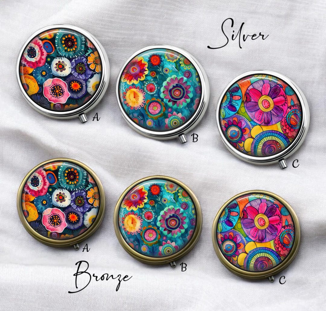 Whimsical Flowers Handmade Pill Box * Silver or Bronze- Pill Organizer ...