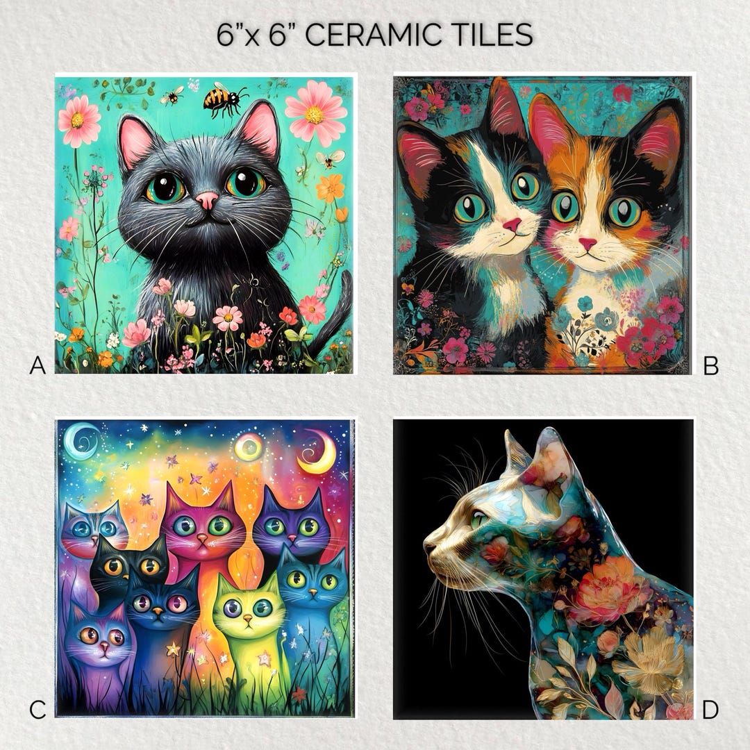 Cats Ceramic Decorative Tile 6x6” * Glossy * Trivets * Tile Wall Art ...