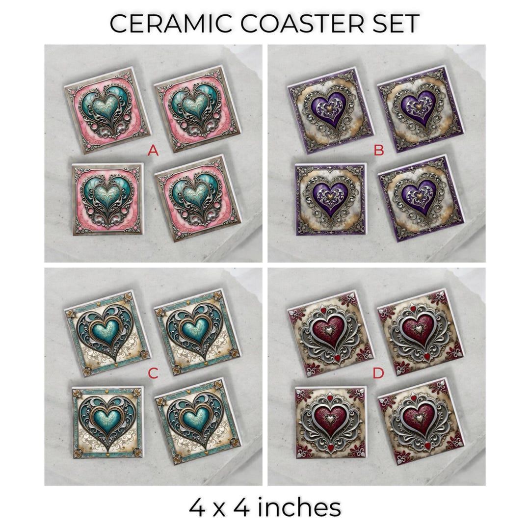 Set of 4 Ceramic Coasters * 4” X 4” * Square Coasters Cork Backing ...