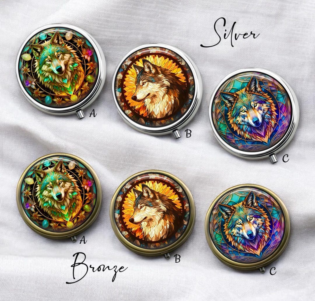 Handmade Wolf Round Pill Box * Silver or Bronze- Pill Organizer ...
