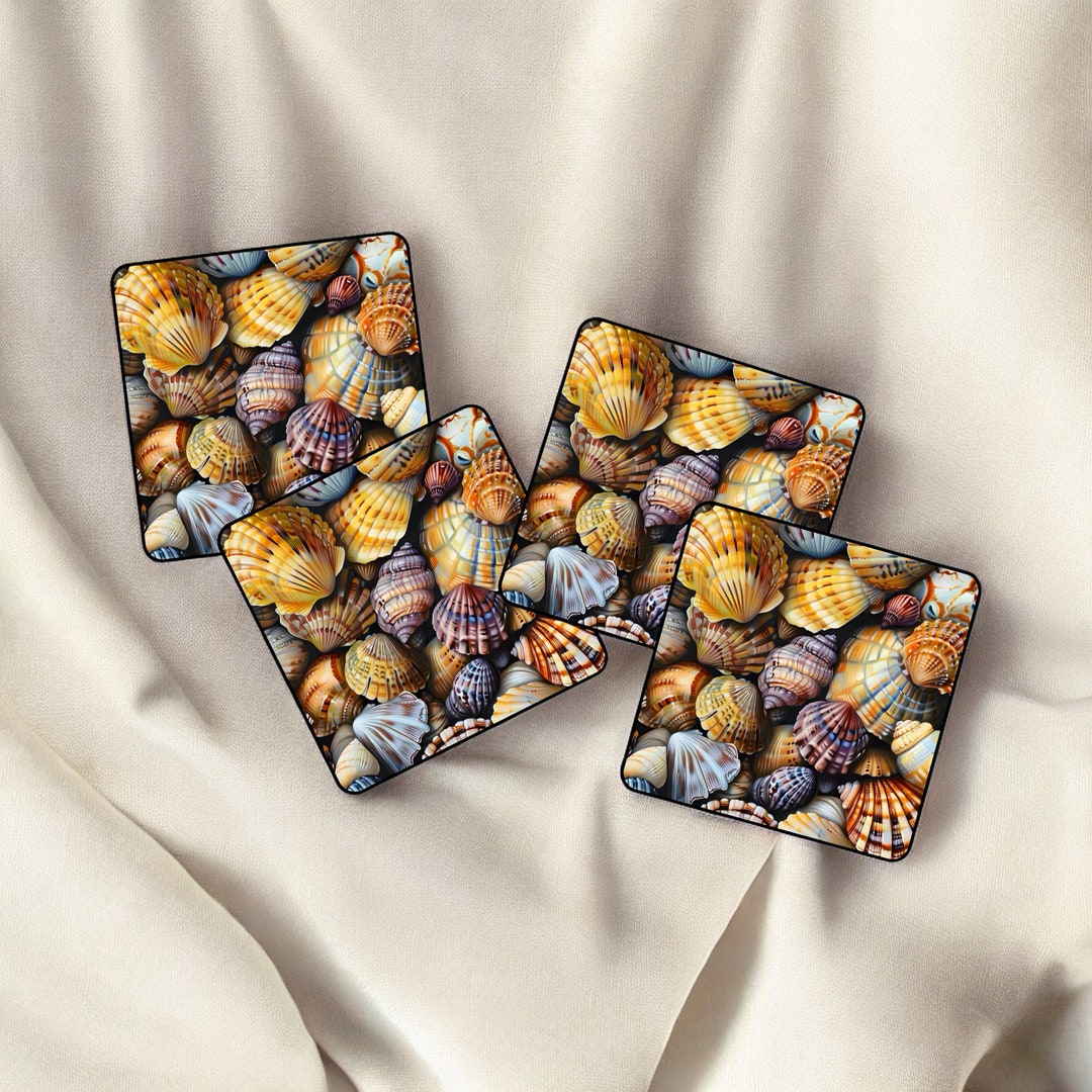 Sea Shells Beach Ocean Coasters Set of 4 3.54 X 3.54 Square Coasters ...