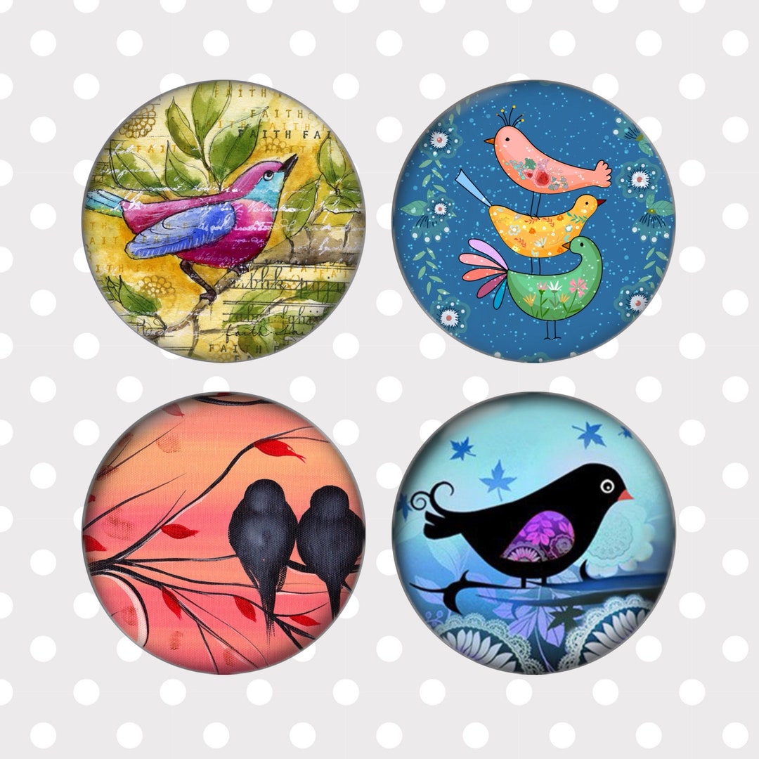 Birds Set of 4 Custom Pin Back Buttons, Sizes 1 Inch 25mm, 1 1/2 Inches ...