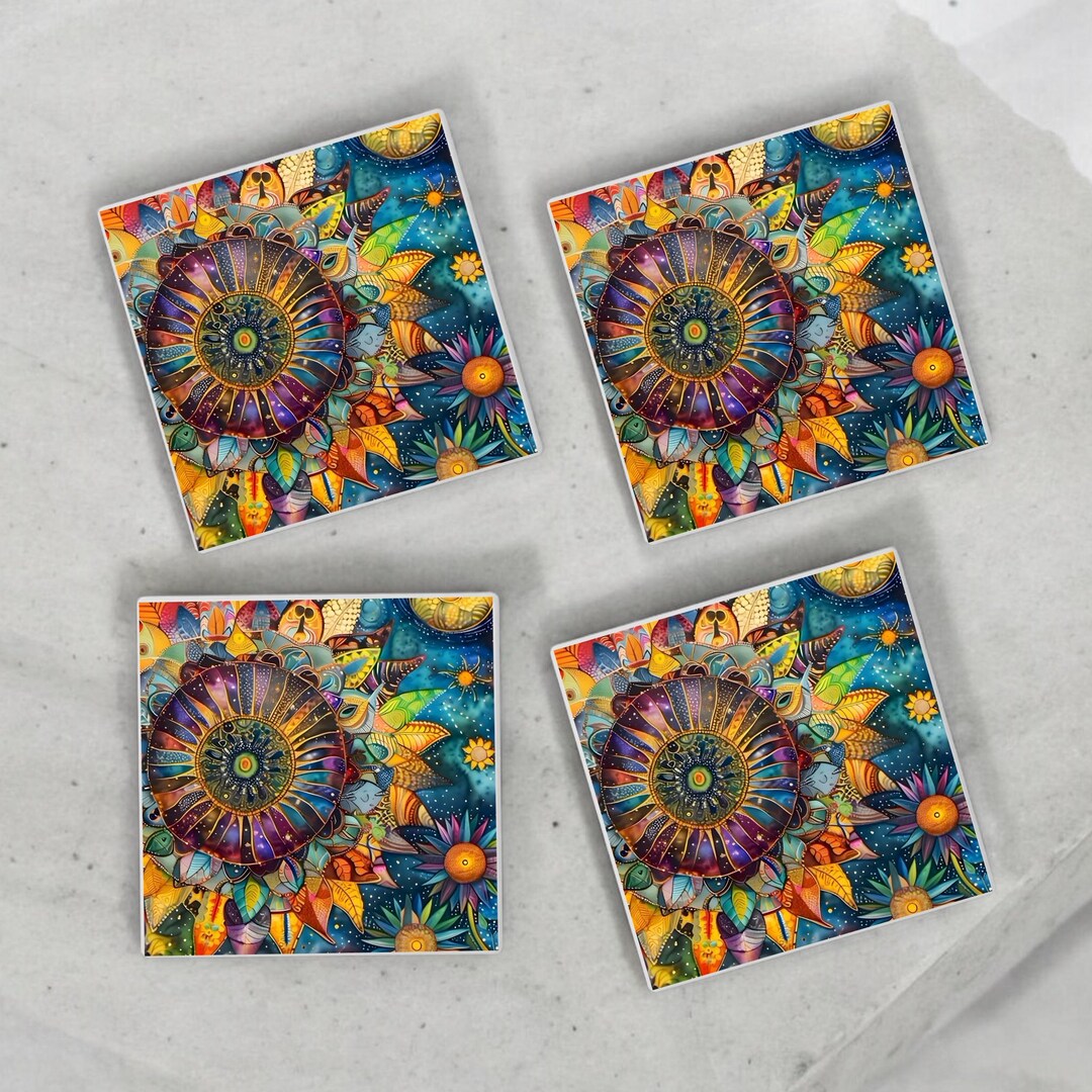 Whimsical Set of 4 Ceramic Coasters * 4” X 4” * Square Coasters Cork ...