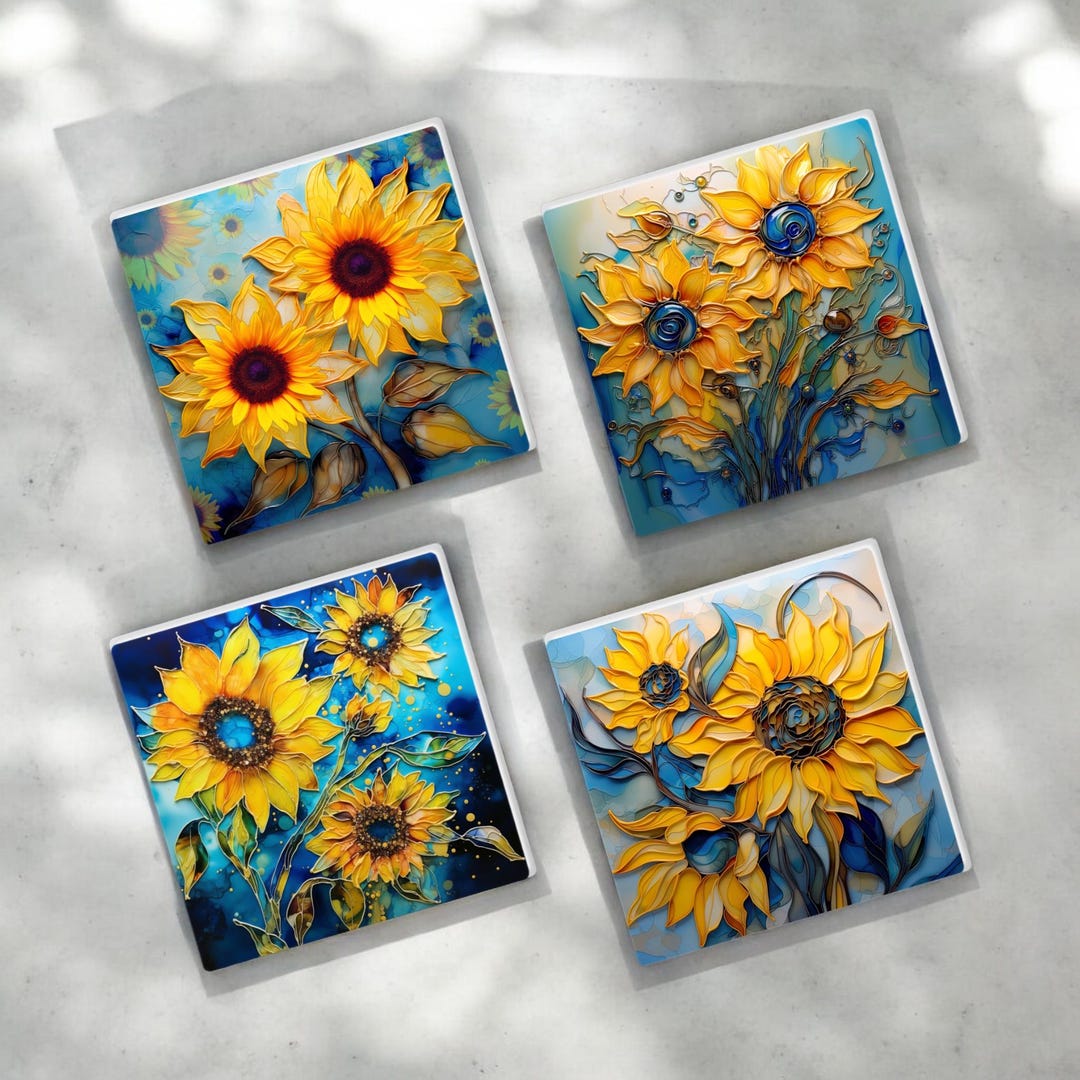 Sunflowers Set of 4 Ceramic Coasters 4 X 4 Square Coasters Cork Backing ...