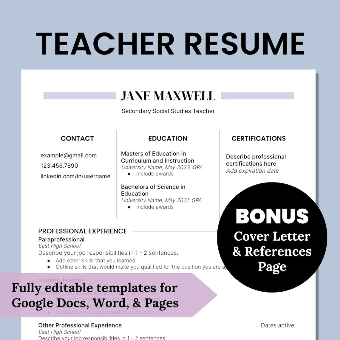 Modern Teacher Resume and Cover Letter Template - Etsy