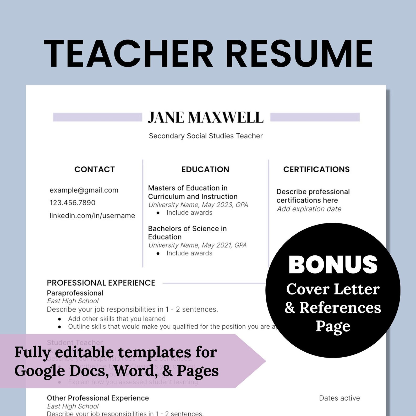 Modern Teacher Resume and Cover Letter Template - Etsy