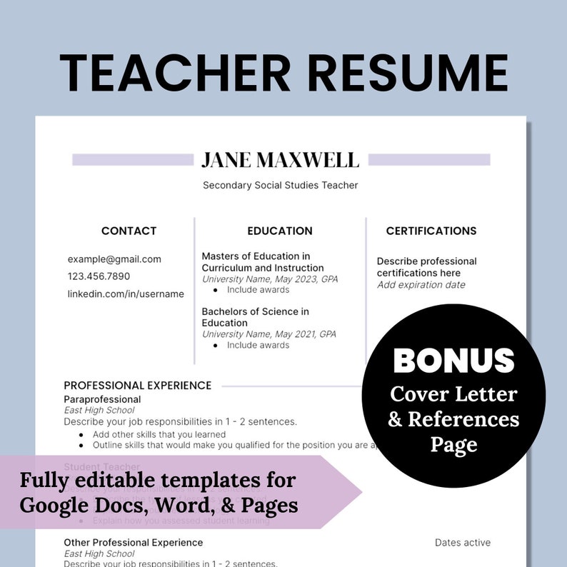 Modern Teacher Resume and Cover Letter Template - Etsy