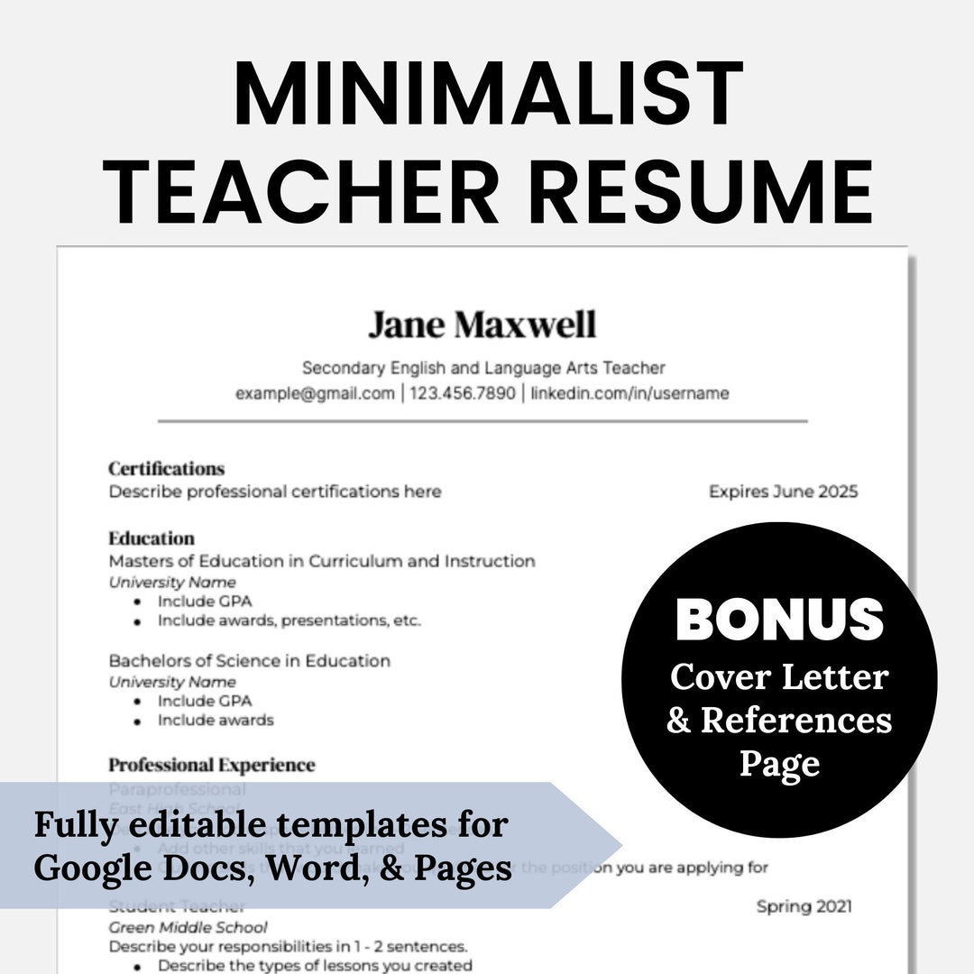Minimalist, Modern, Editable Teacher Resume and Cover Letter Templates ...