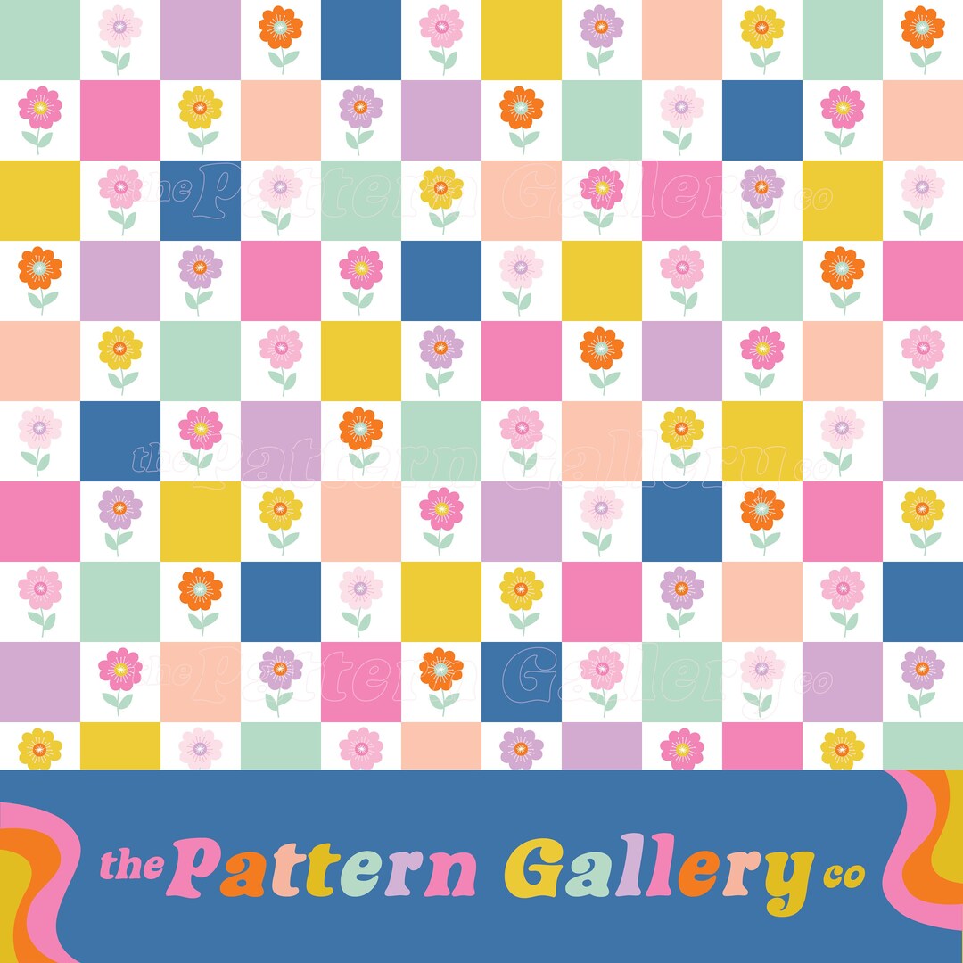 Retro Checkerboard Pattern Floral Check Seamless Repeat Pattern ...