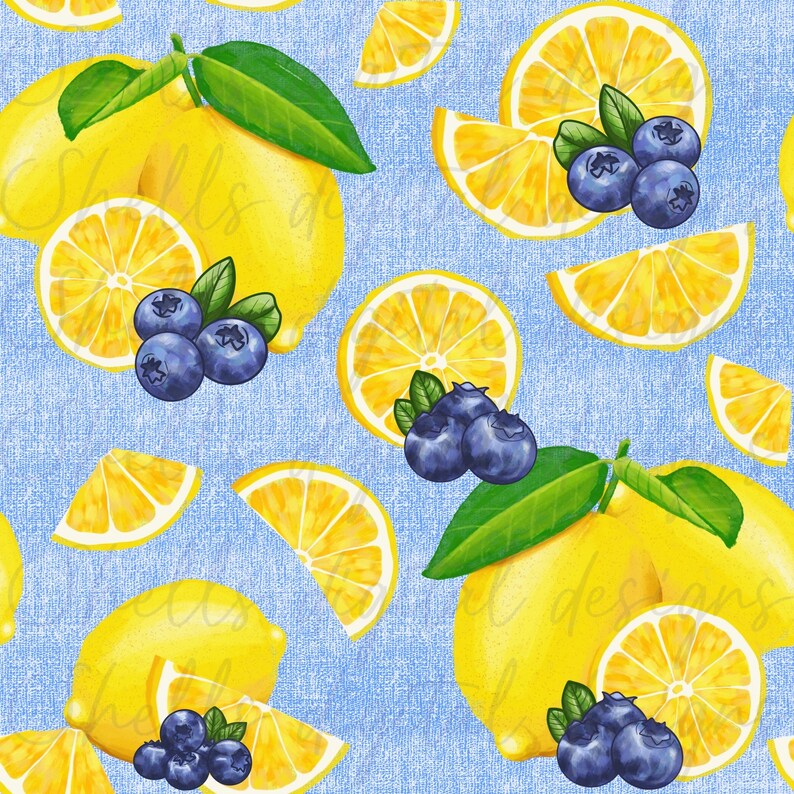 Blueberry Lemon Hand Drawn Seamless Pattern Design PNG Digital Download ...