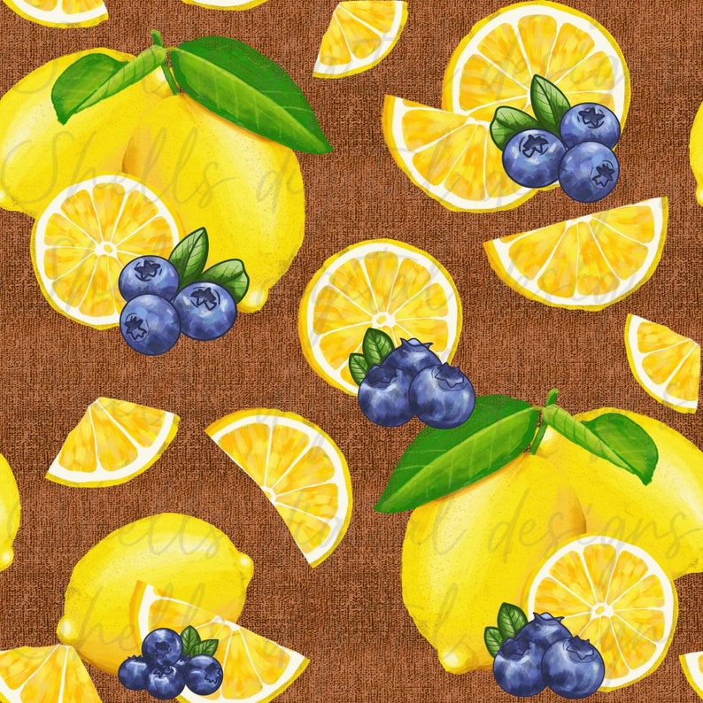 Blueberry Lemon Hand Drawn Seamless Pattern Design PNG Digital Download ...