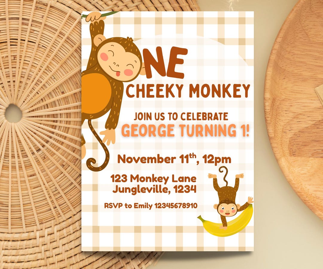 Cheeky Monkey 1st Birthday Invitation Template (canva Editable) - Etsy
