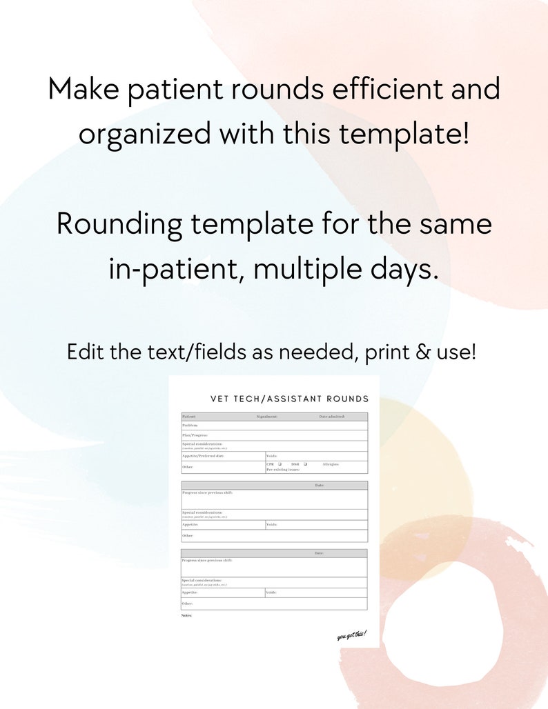 Vet Tech Assistant Patient Rounds Form ER ICU Veterinary Hospital ...