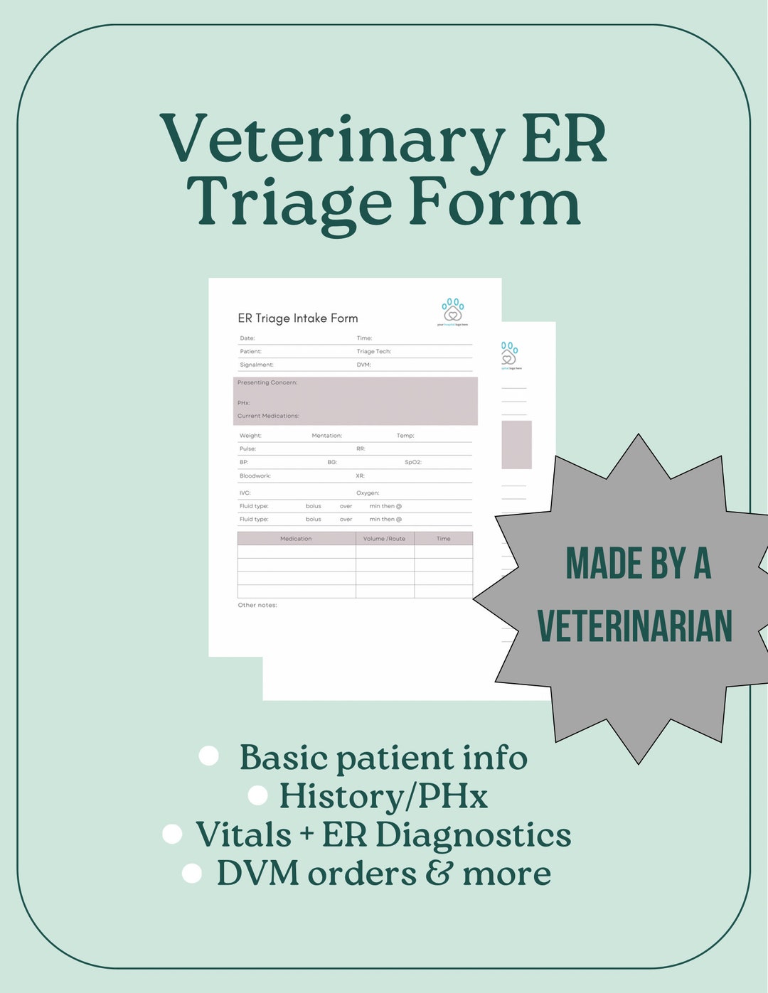 Emergency Vet Triage Form Veterinary Clinic Hospital ER - Etsy