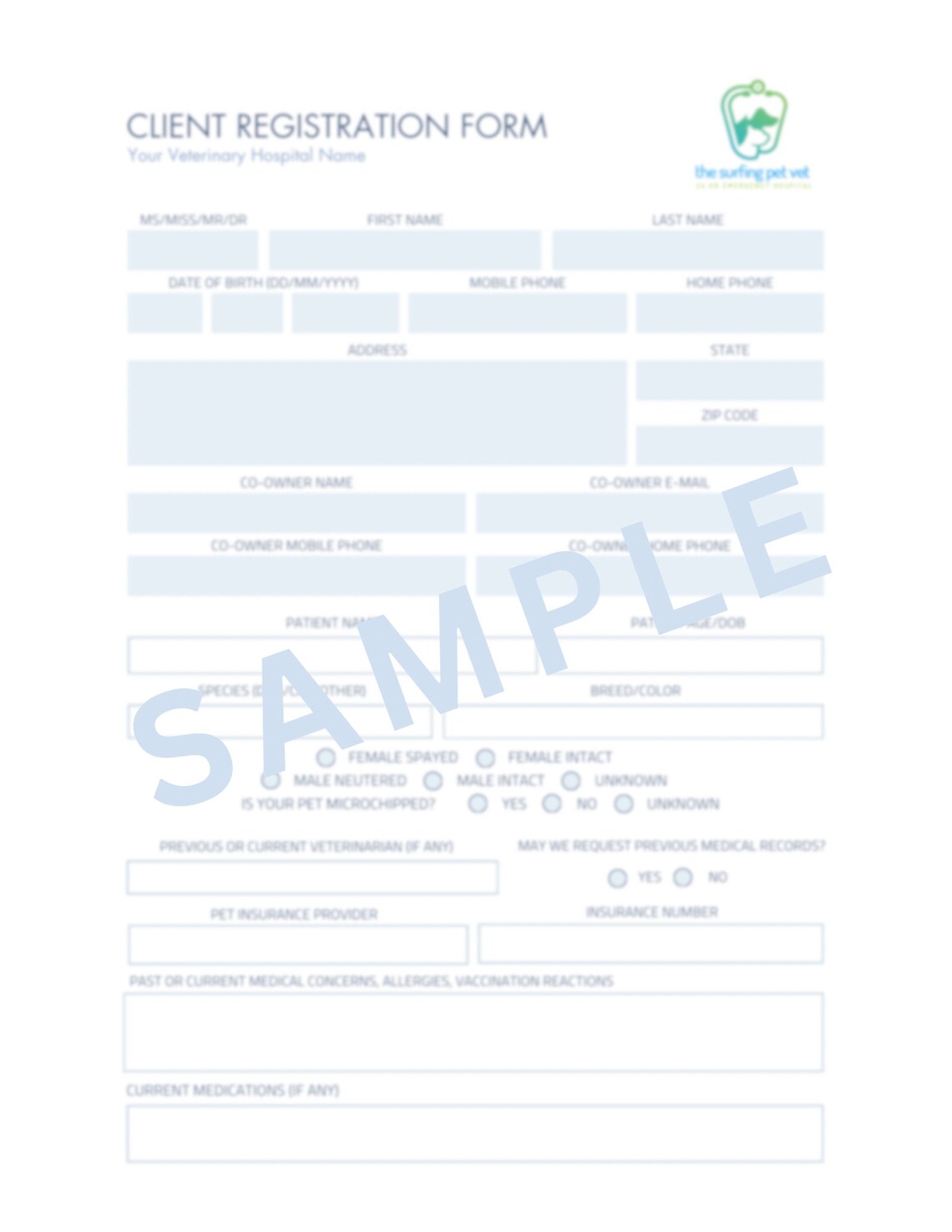 Veterinary Client Patient Registration Form Printable Vet Clinic - Etsy