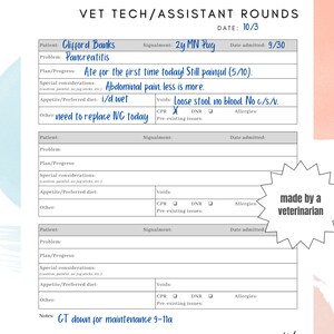 Vet Tech RVT LVT Assistant Patient Rounding Rounds Form ER Veterinary ...
